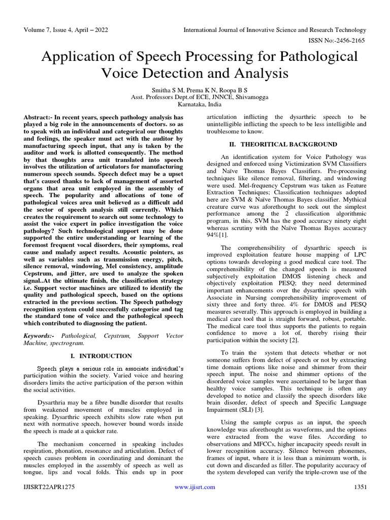 Application of Speech Processing For Pathological Voice Detection and Analysis | Download Free ...