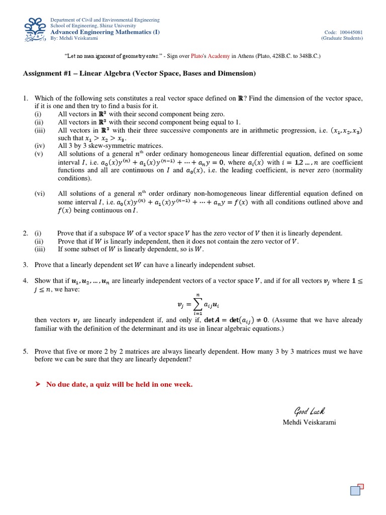 HW01 - Vector Space, Bases and Dimension RE00 | PDF | Vector Space ...
