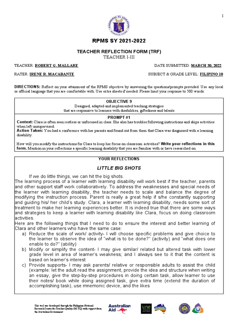 RPMS SY 2021-2022: Teacher Reflection Form (TRF) | PDF | Learning | Learning Disability