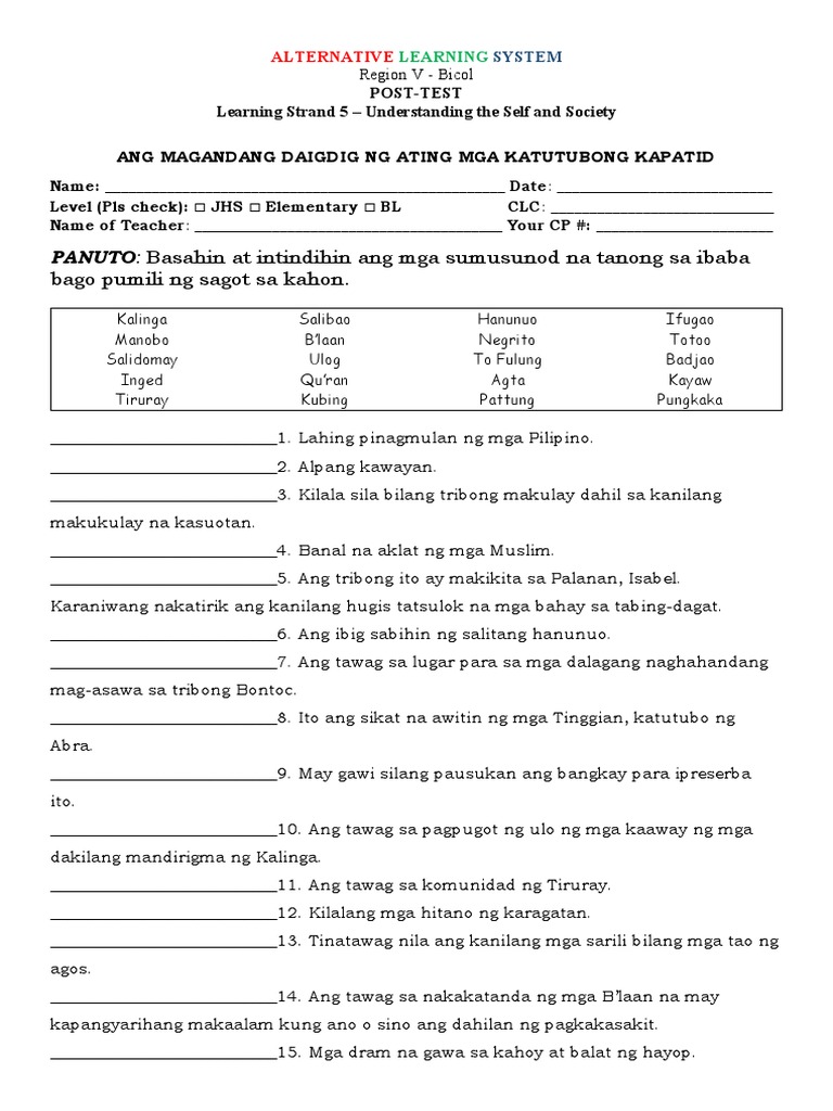 POST-TEST - Ang Magandang Daigdig NG Ating Mga Katutubong Kapatid | PDF