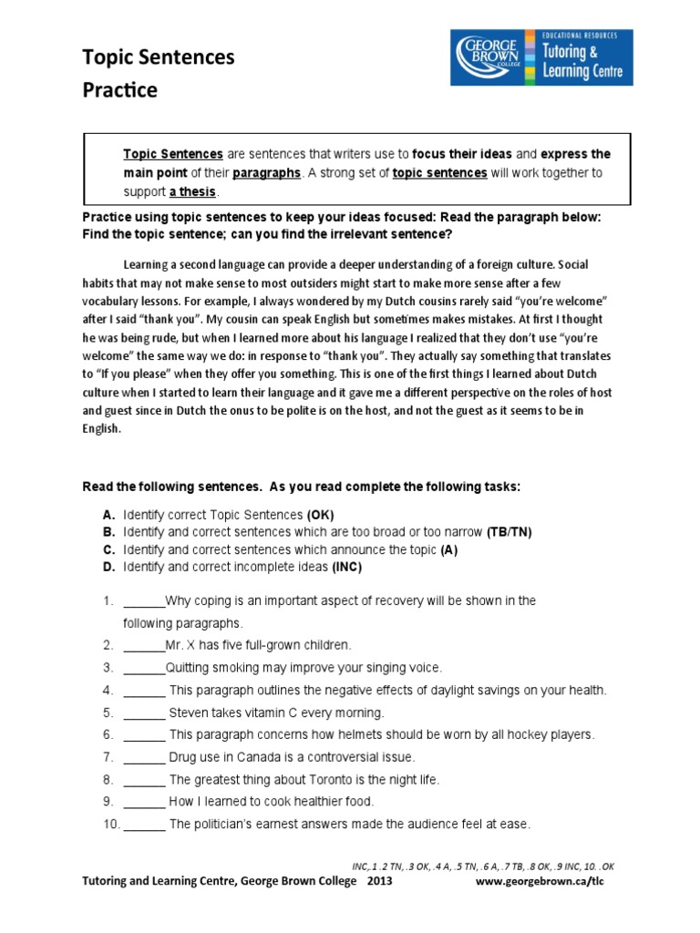 Topic Sentences Practice | Download Free PDF | Cognition | Cognitive ...