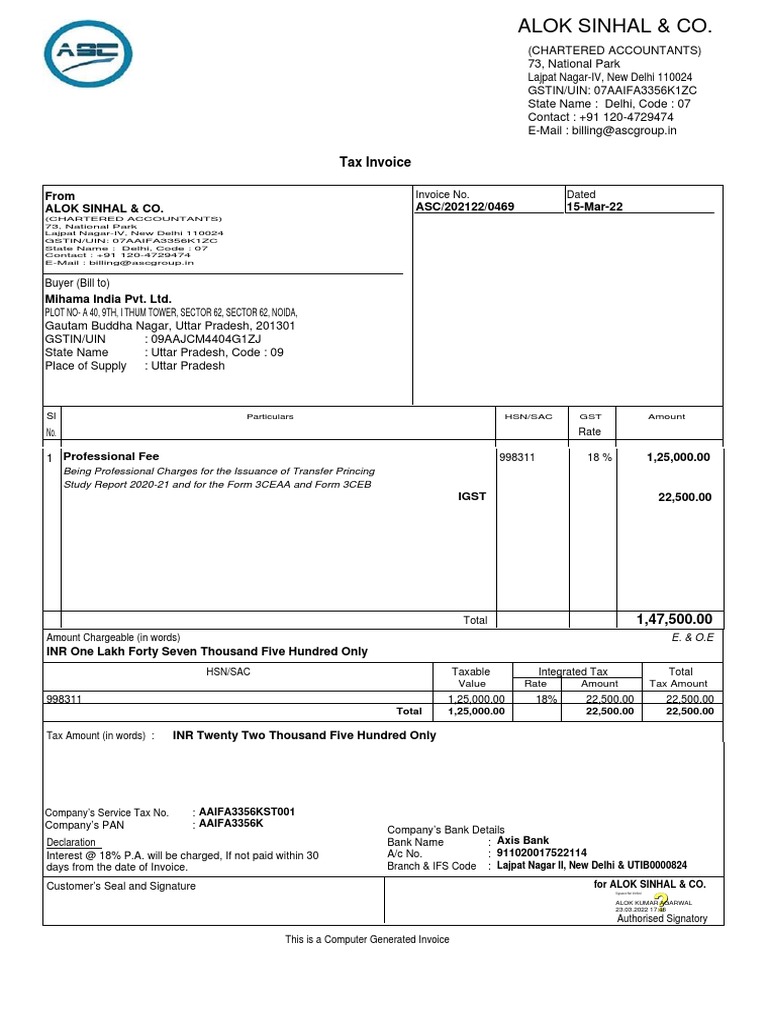 Professional Fee Invoice for Transfer Pricing Study Report and Tax ...