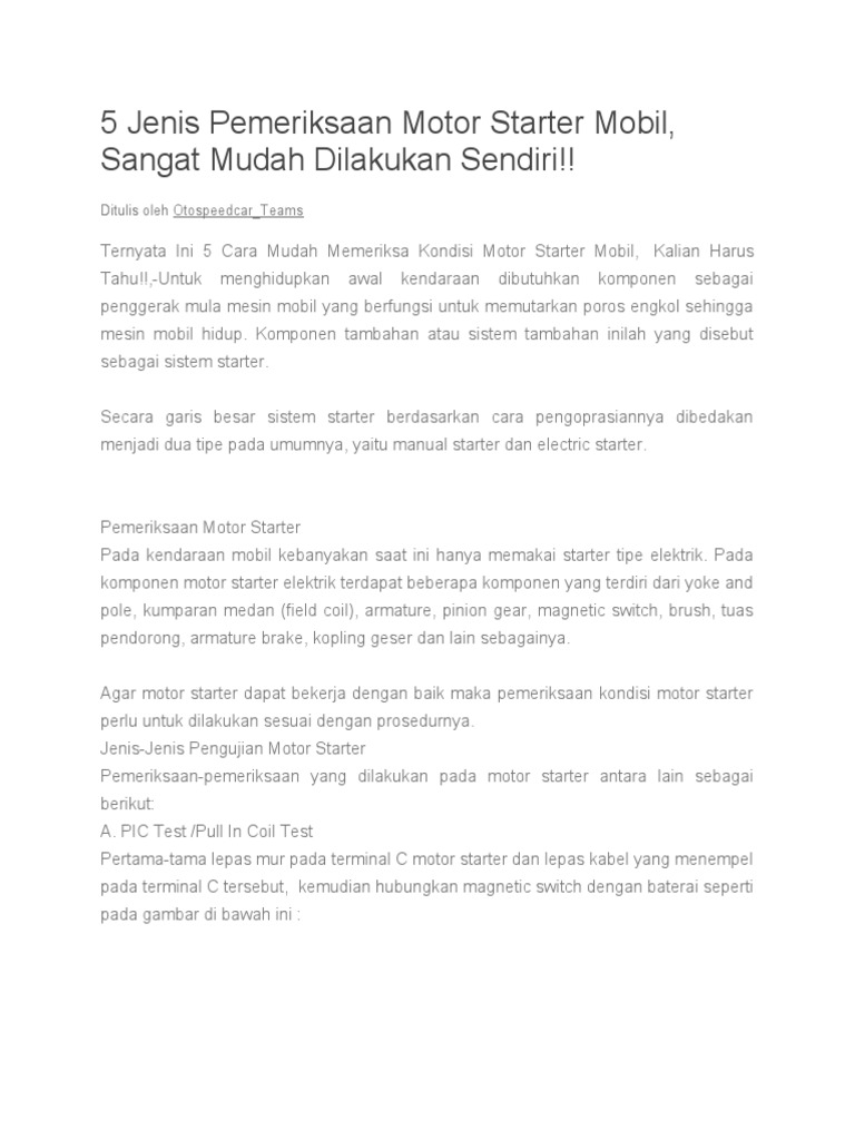 5 Jenis Pemeriksaan Motor Starter Mobil | PDF