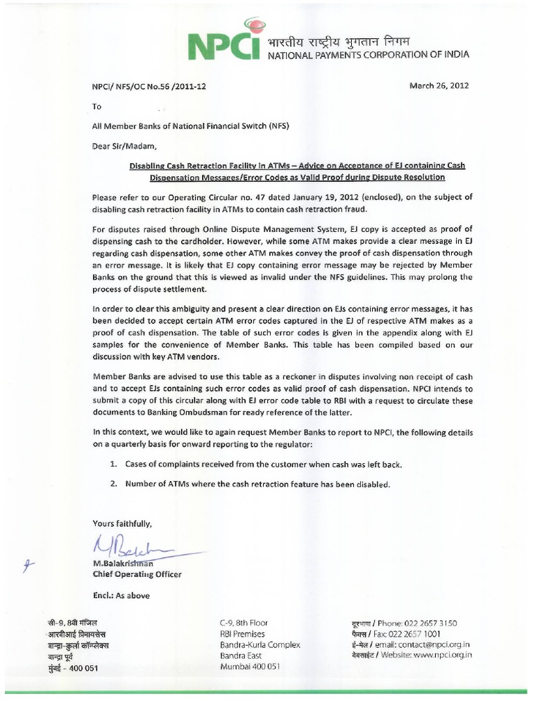 NFS - OC 56 (Disabling Cash Retraction Facility in ATMs - Advice of ...