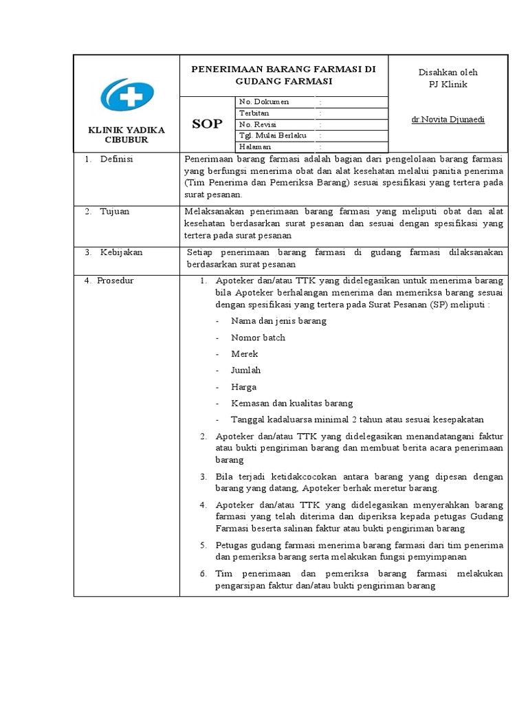 SOP Penerimaan Barang Farmasi Klinik | PDF