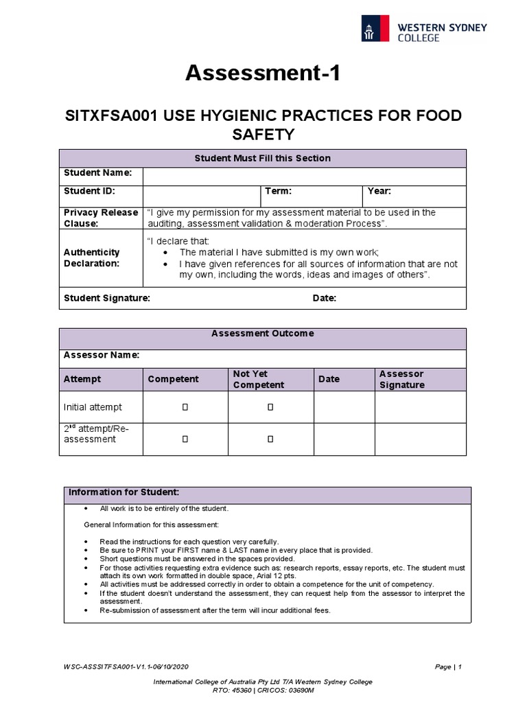Assessment Task-1 V1.1 | PDF | Food Safety | Foods