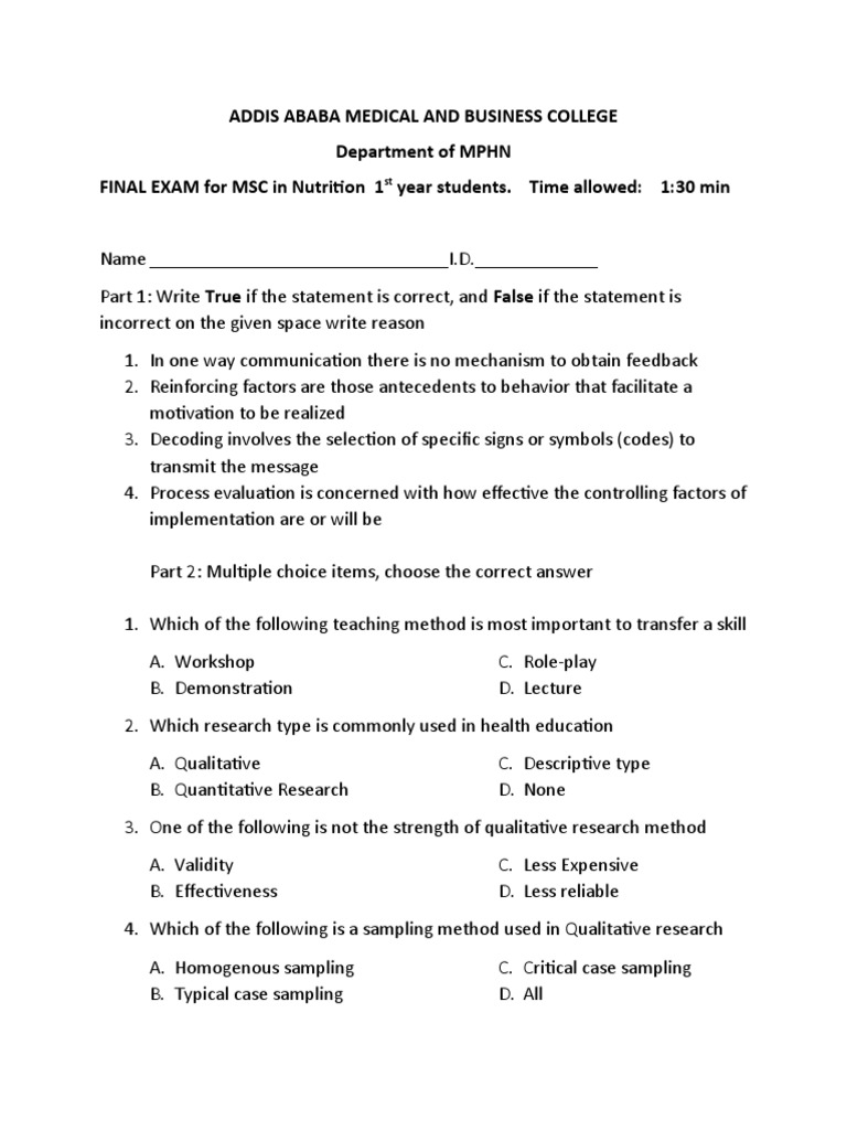 Addis Ababa Medical and Business College Department of MPHN FINAL EXAM ...