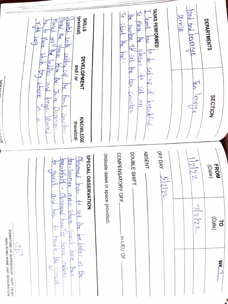 Hotel Management Training Log Book | PDF