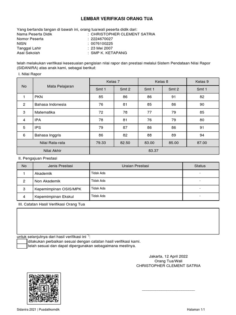 Sidanira - LembarVerifikasi - 2224670027 CHRISTOPHER CLEMENT SATRIA | PDF