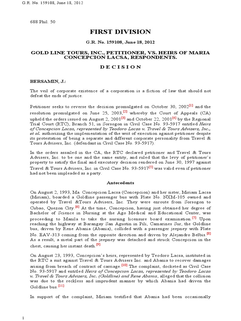 Gold Line Tours v. Heirs of Lacsa, G.R. No. 159108, June 18, 2012 | PDF ...