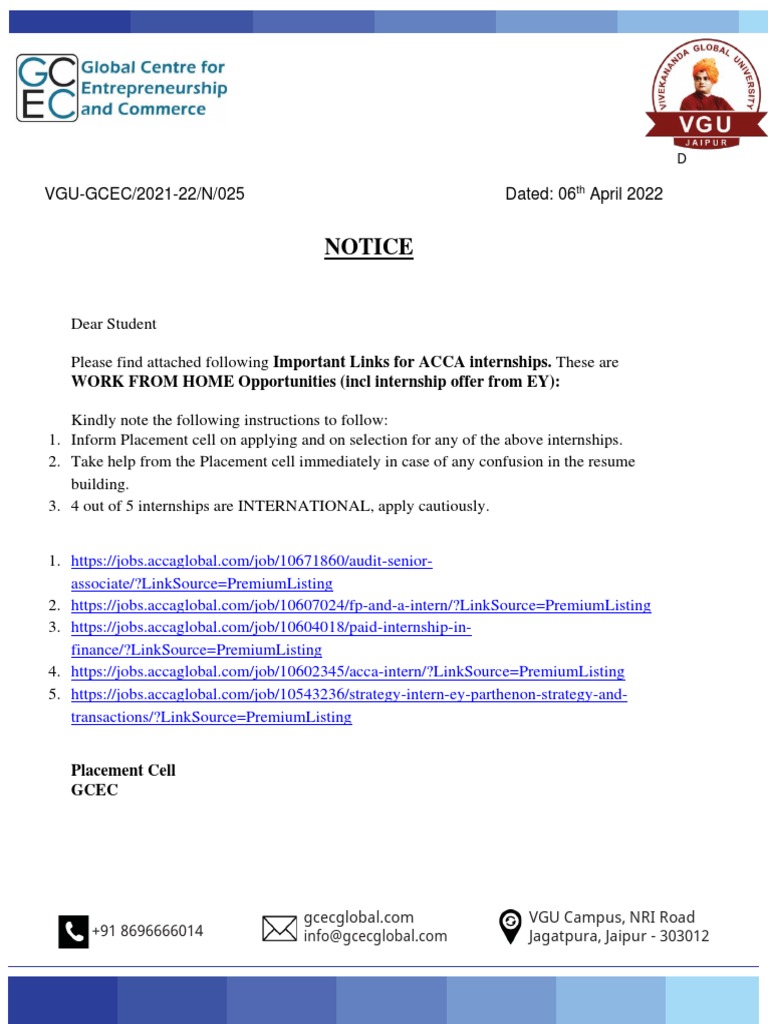 ACCA Internships - 06th March 2022 | PDF | Business