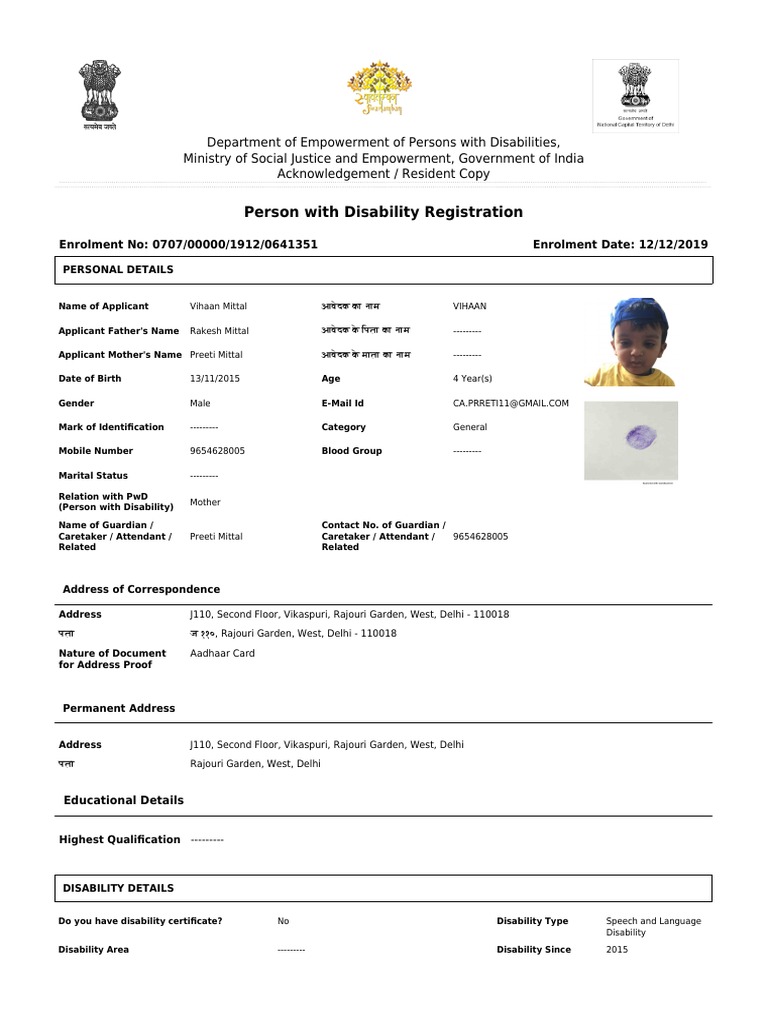 Person With Disability Registration | PDF | Disability | Identity Document