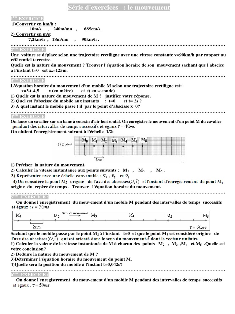Exercices sur le mouvement rectiligne | PDF | Mouvement de rotation ...
