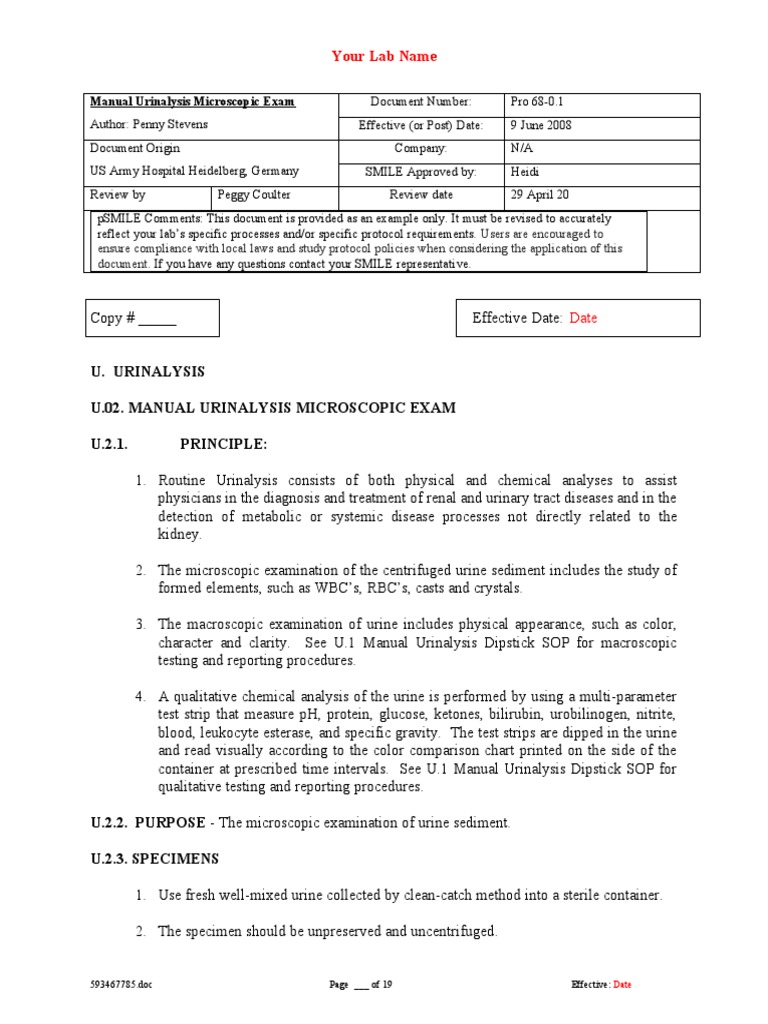 Manual Microscopic Urinalysis SOP | PDF | Technology & Engineering