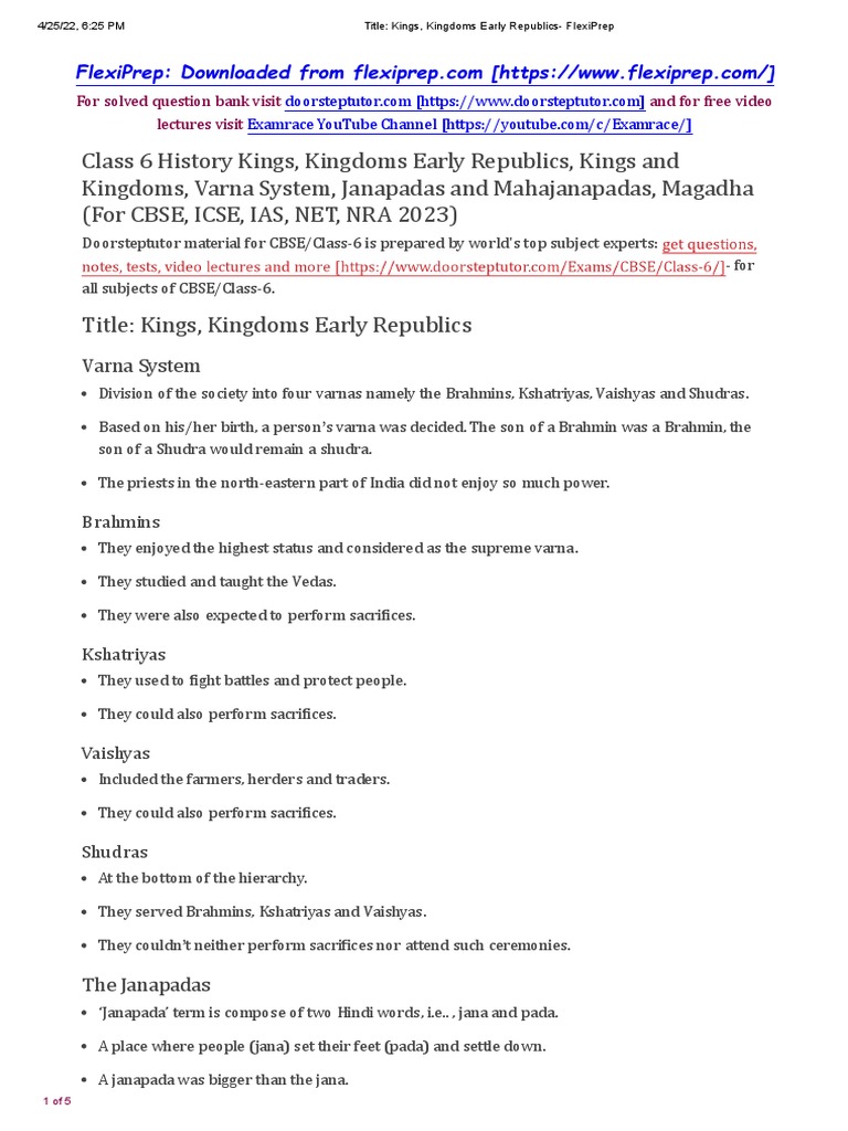 Class 6 History Chapter 6 Kings Kingdoms Early Republics I | PDF ...