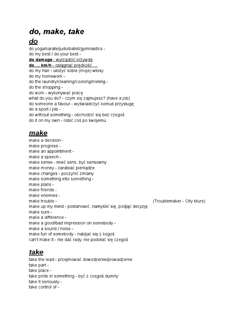 Do, Make, Take: Common English Collocations with Action Verbs | PDF