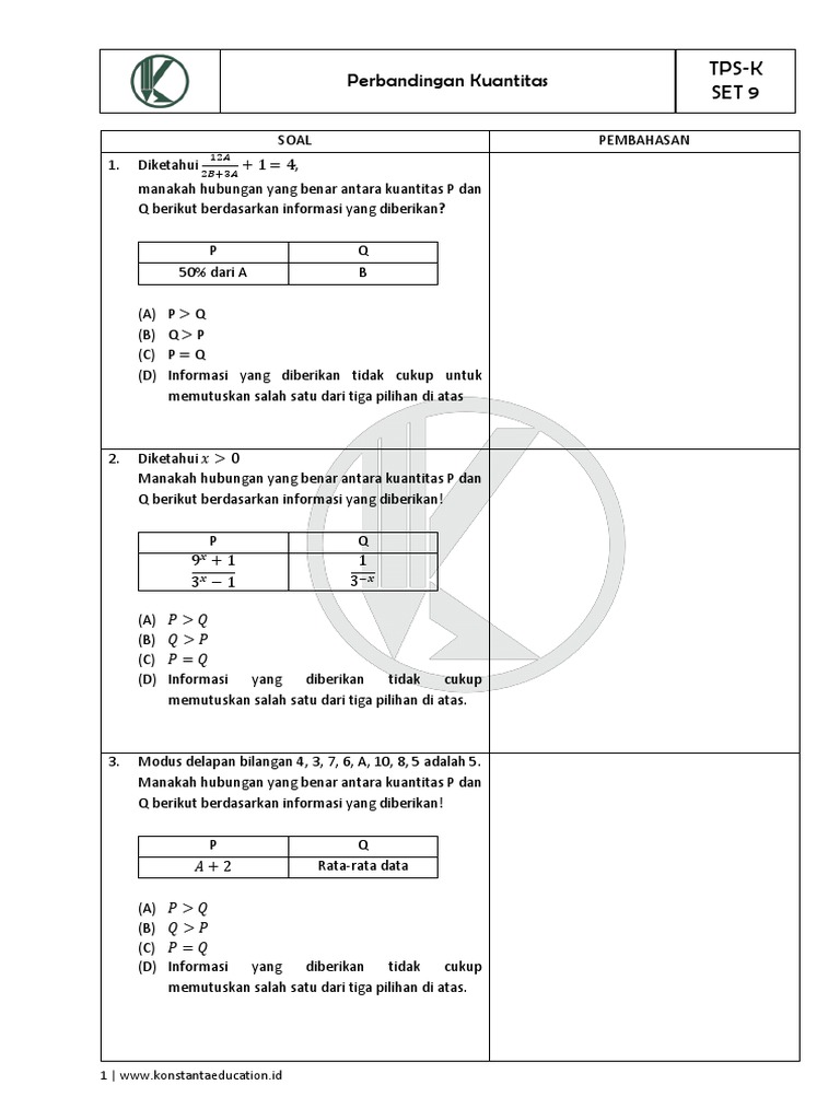 Soal Perbandingan Kuantitas TPS-K Set 9 | PDF