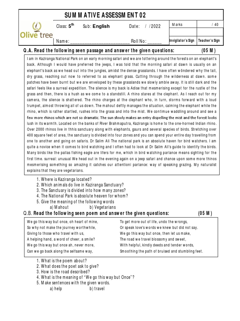 English Class 5 - 2021-22 | PDF