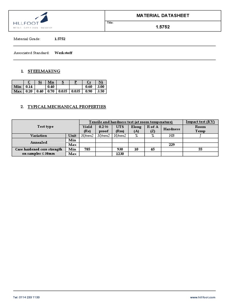 Steelmaking: Material Datasheet 1.5752 | PDF