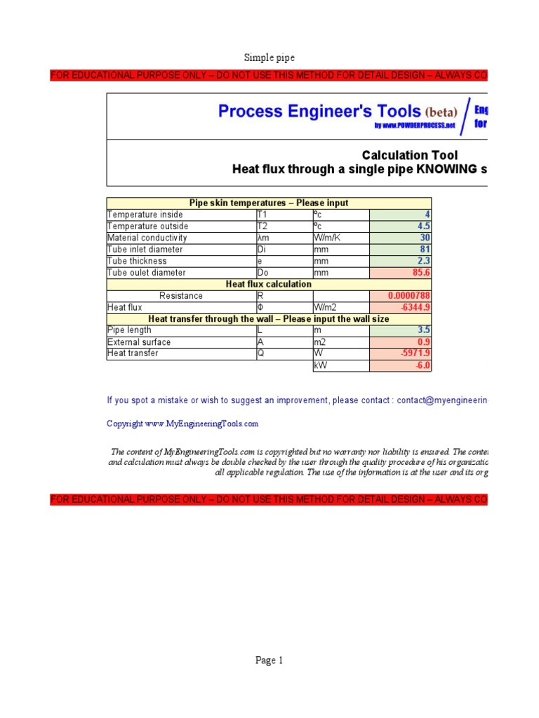 Calculation Tool Heat Flux Through A Single Pipe Knowing Skin