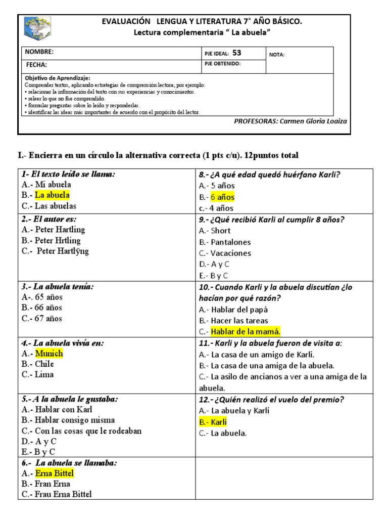 Evaluación Comprensión "La Abuela" | PDF