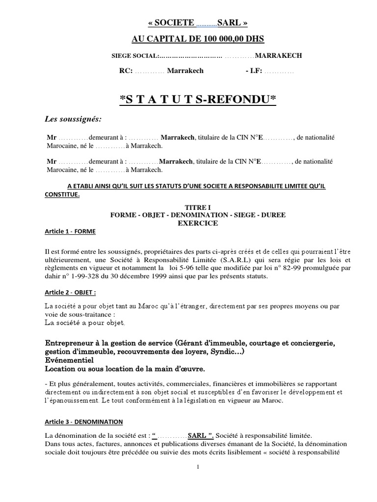 Statuts .. Sarl | PDF | Partenariat | Économie