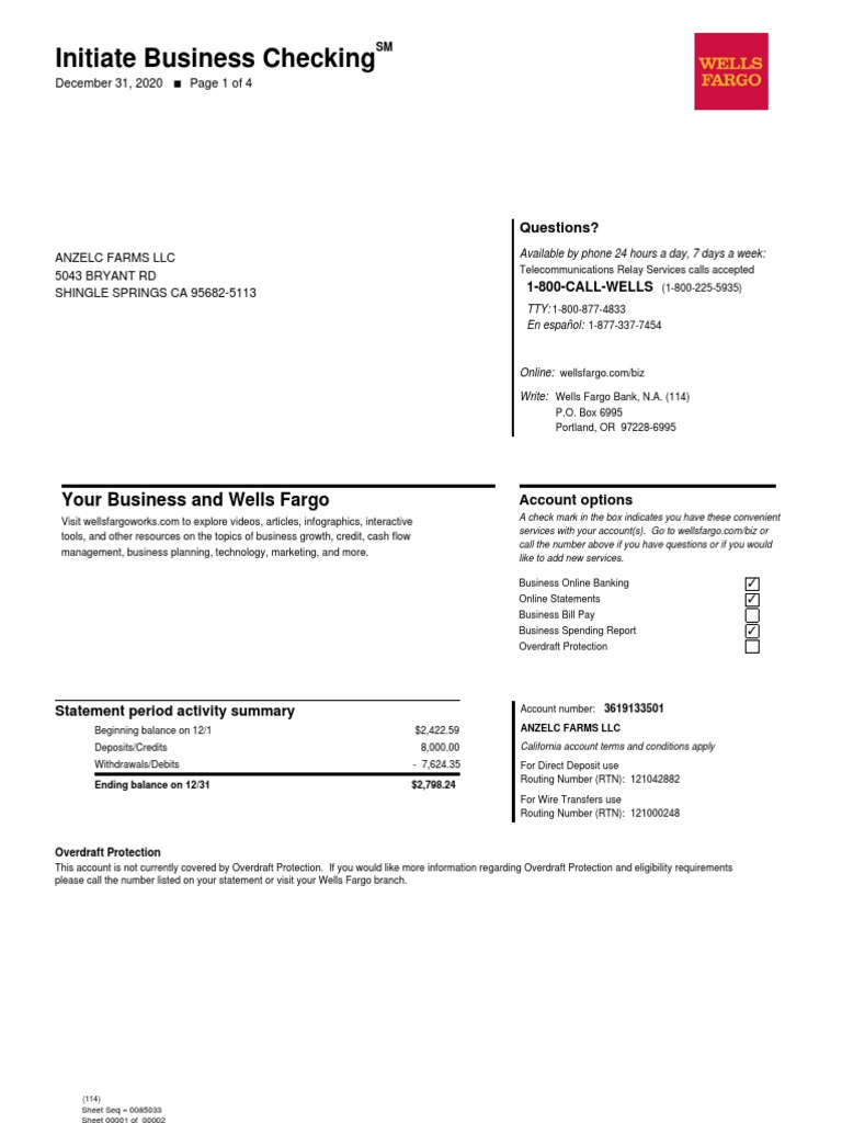 Initiate Business Checking: Your Business and Wells Fargo | PDF | Financial Transaction | Overdraft