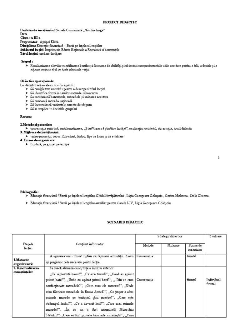 Proiect Didactic | PDF