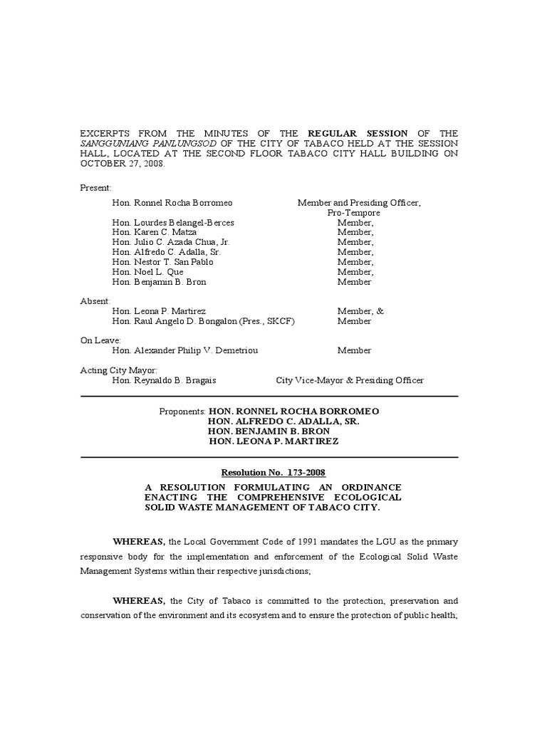 CITY ORDINANCE NO. 010-2008 Solid Waste Mngt. | PDF | Waste Management | Waste