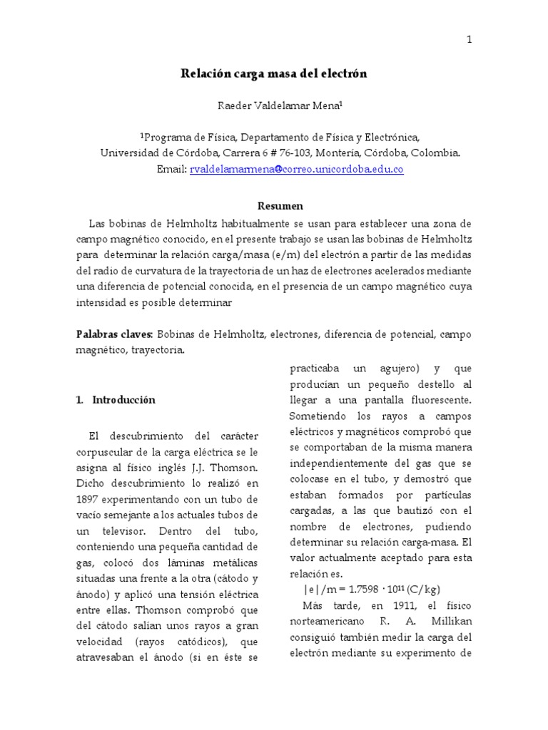 Laboratorio de Relacion Carga Masa Del Electron | PDF | Electrón ...