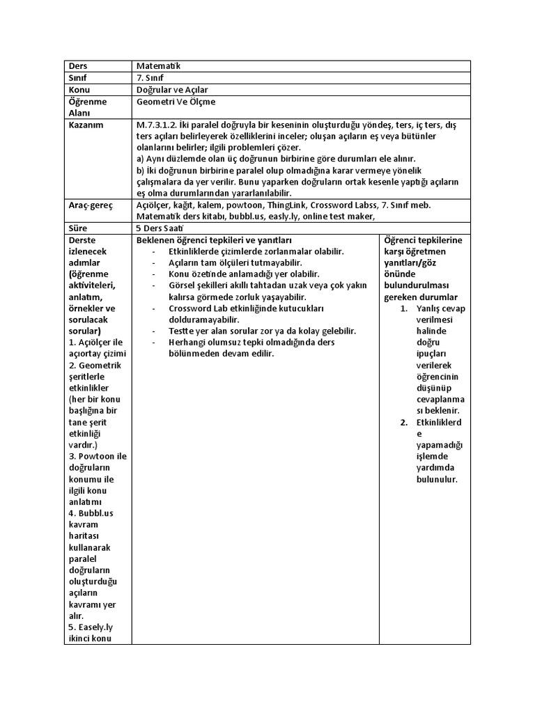 Ders Plan Tablosu | PDF
