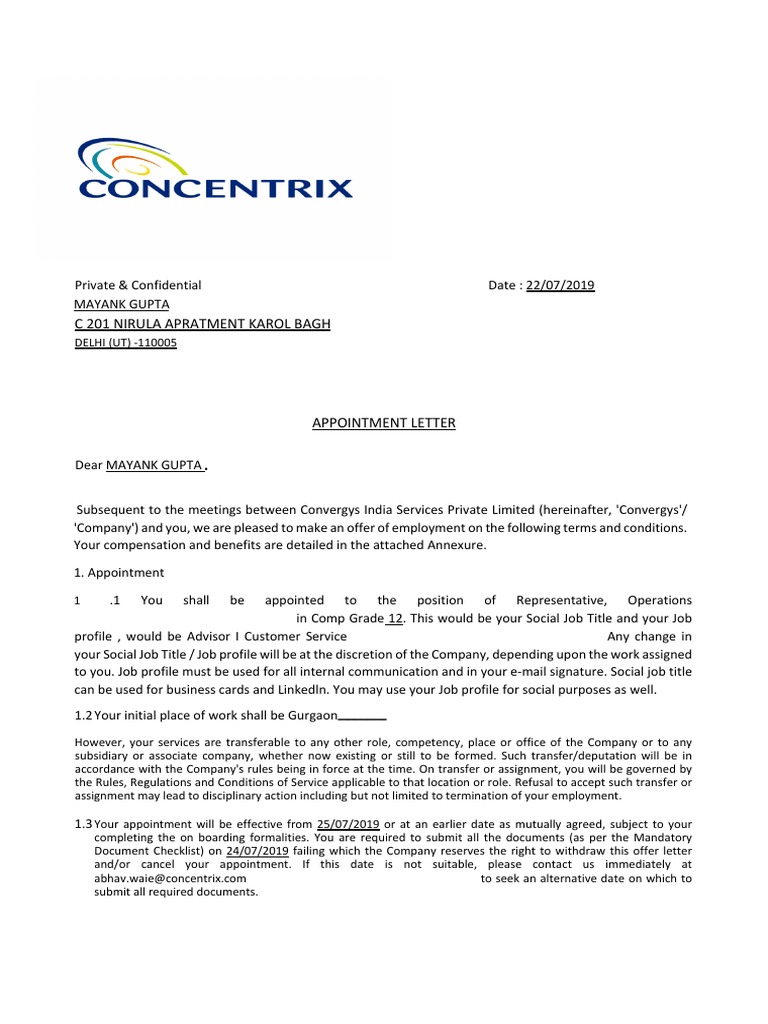 Concentrix Appointment Letter Details | PDF | Confidentiality | Employment