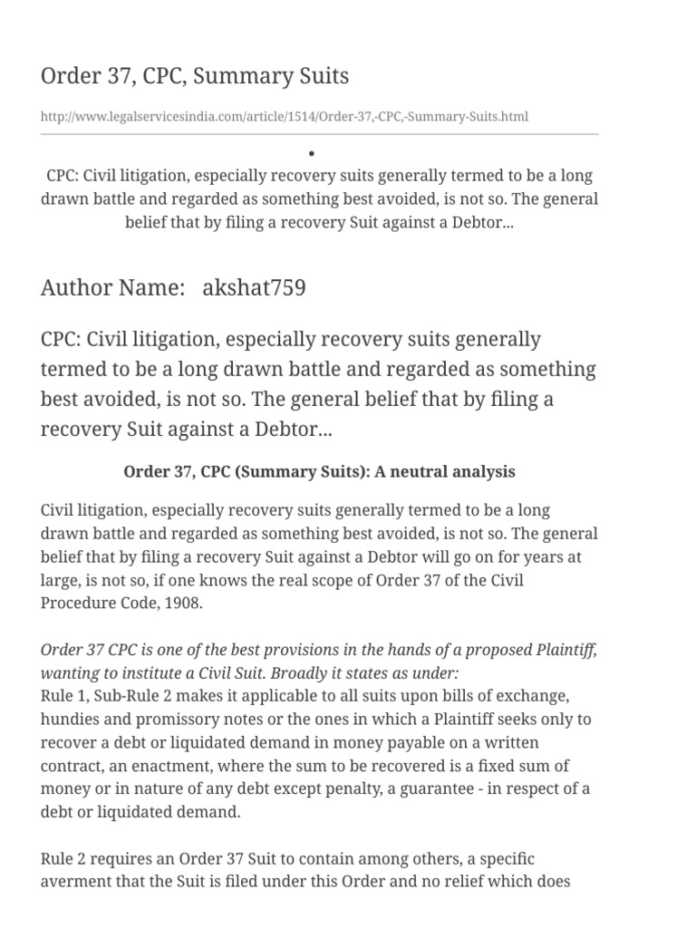 Order 37, CPC, Summary Suits+ | PDF | Lawsuit | Judgment (Law)