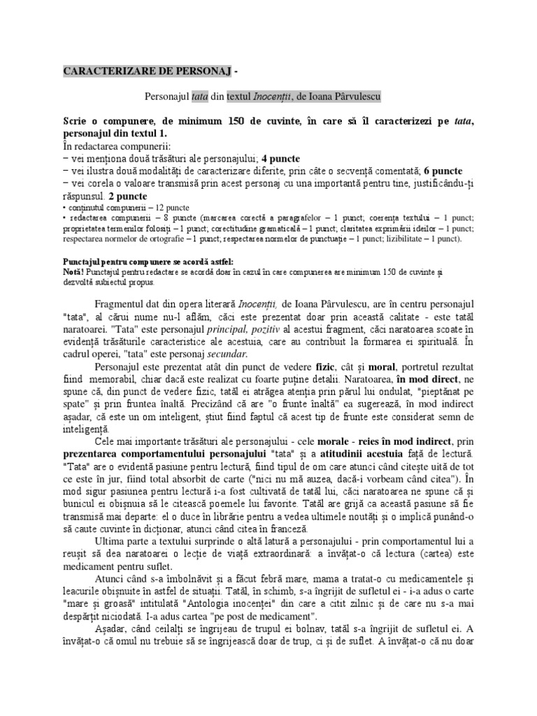 2 Caracterizare Personaj Tata Inocentii | PDF
