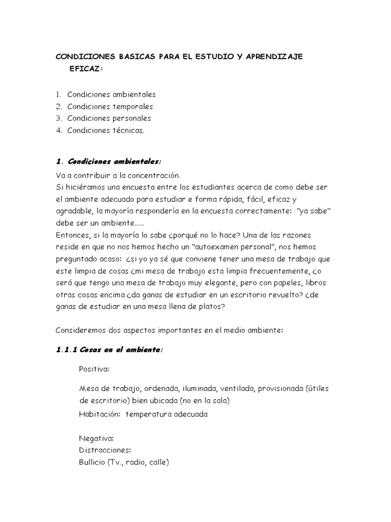 Condiciones Basicas para El Estudio y Aprendizaje Eficaz | PDF