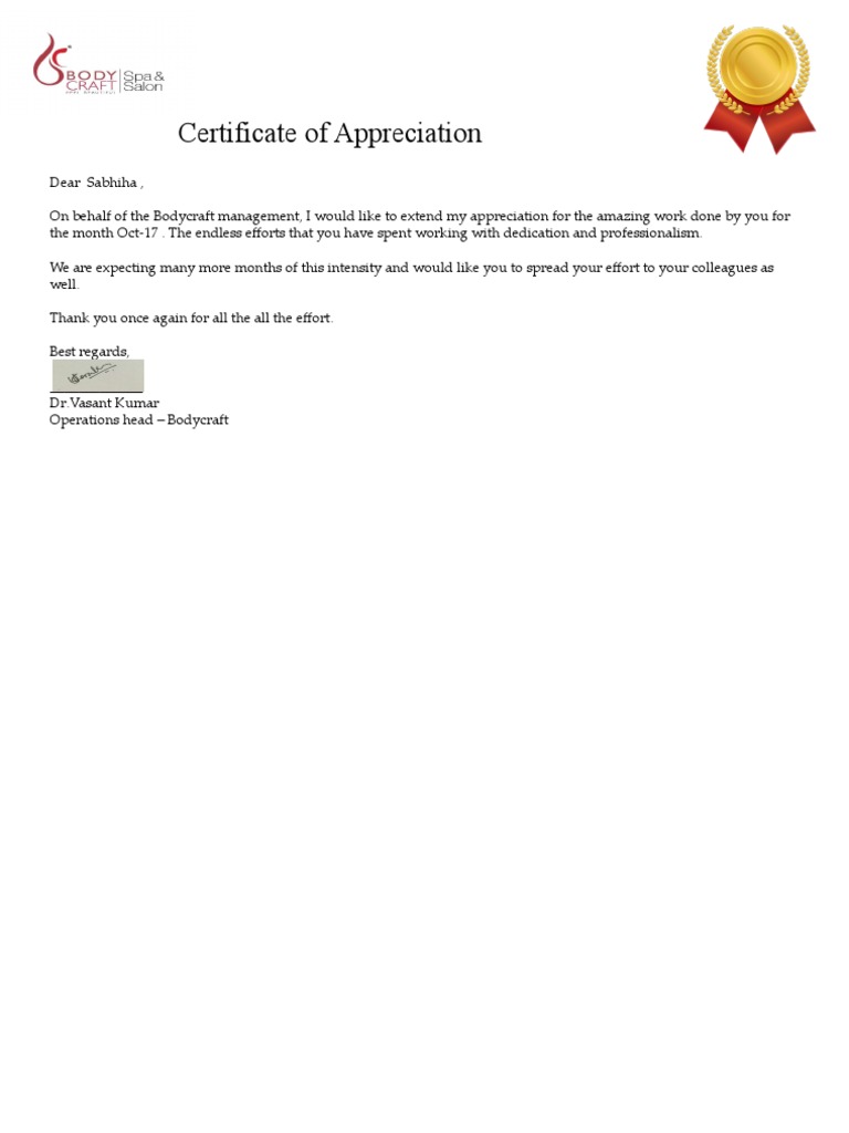 Appreciation Letter Format | PDF