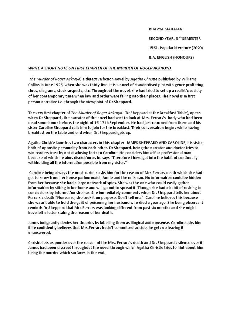 Assignment On The Murder of Roger Ackroyd by Bhavya | PDF