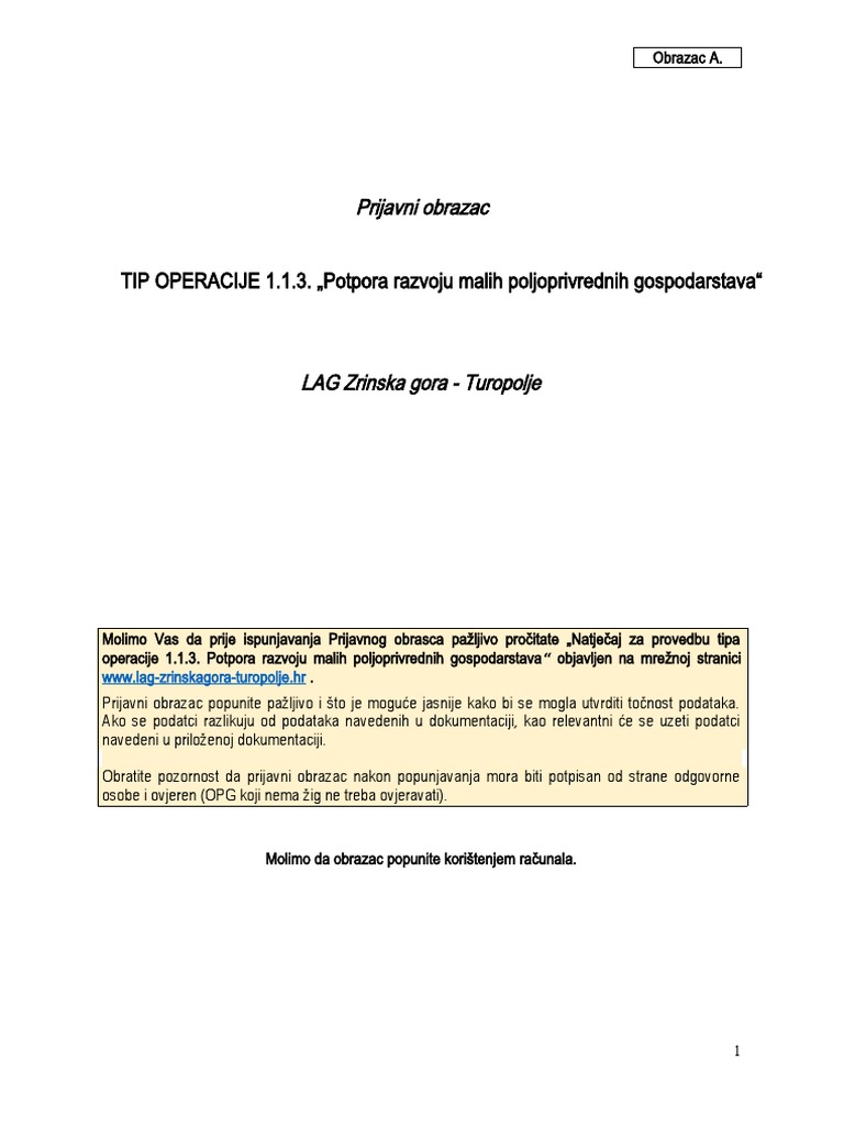 Obrazac A. Prijavni Obrazac | PDF