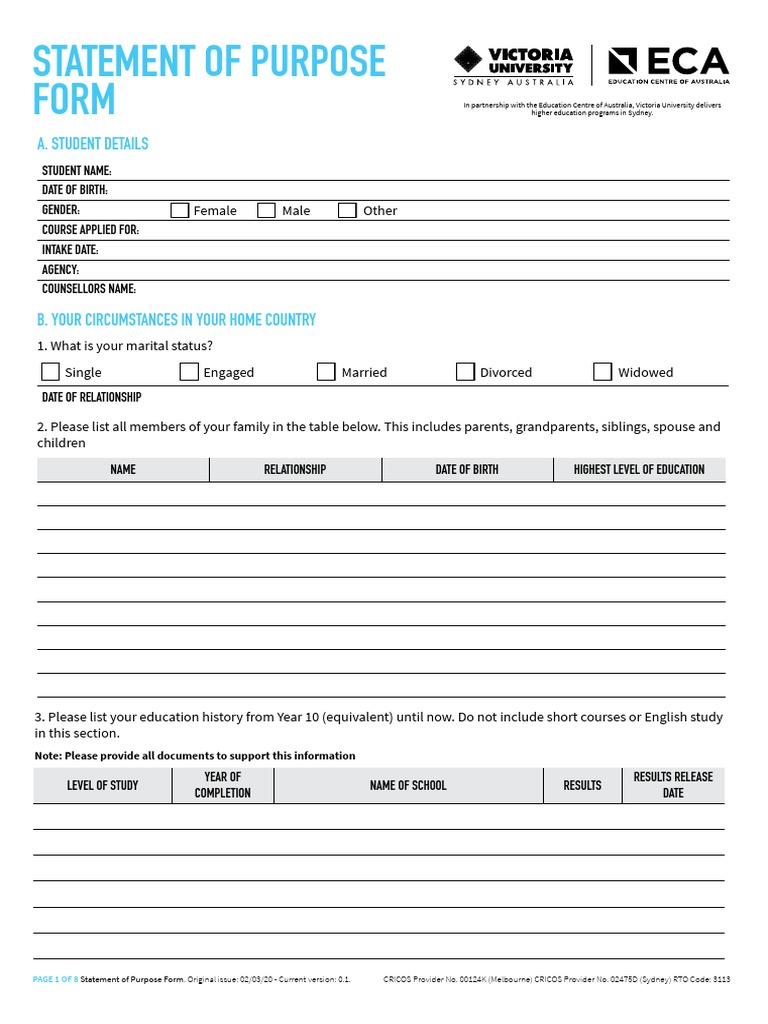 Statement of Purpose Form: A. Student Details | PDF