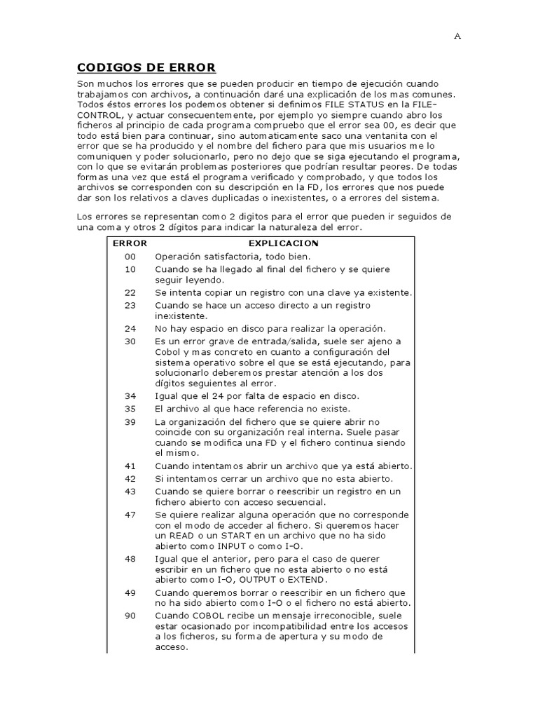 Codigos de Error de Cobol | PDF | Archivo de computadora | Desarrollo ...