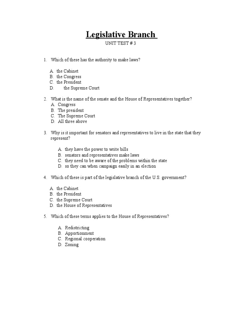 Legislative Branch Unit Test | PDF | American Government | United ...