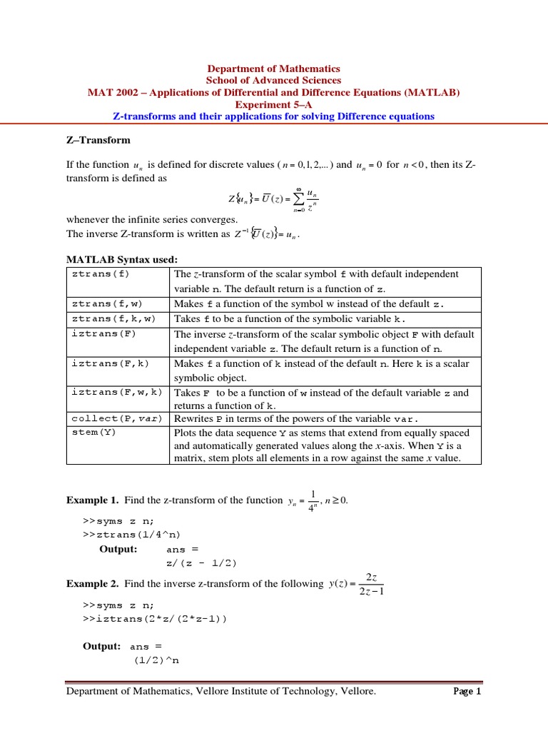Z-Transforms and Their Applications For Solving Difference Equations | PDF | Function ...