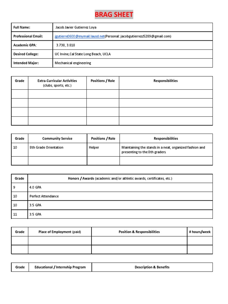 Brag Sheet Template | PDF | Behavior Modification | Cognition