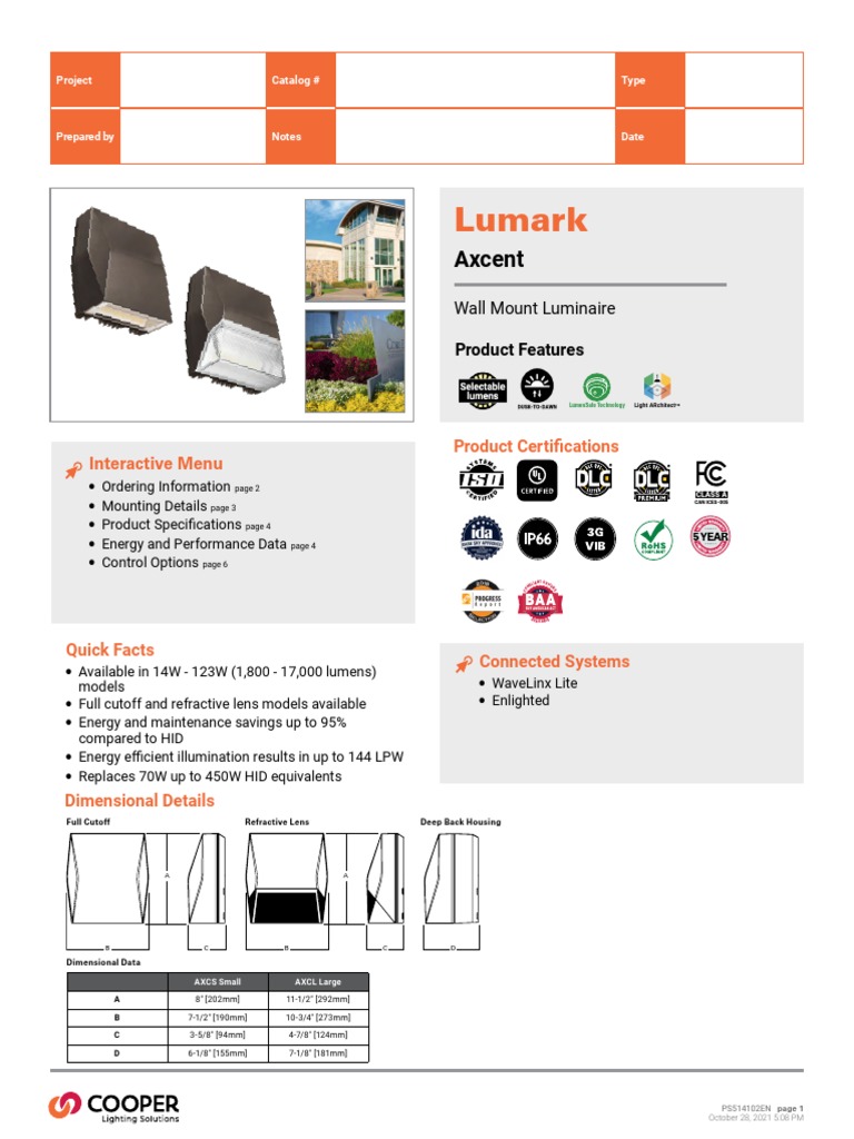 Lumark Axcent Family Spec | PDF | Mains Electricity | Lighting