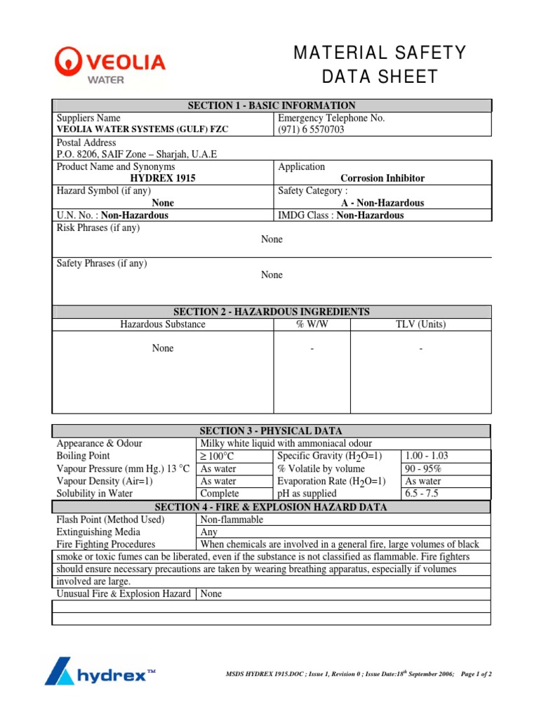 1915 Hydrex - MSDS | PDF | Personal Protective Equipment | Water