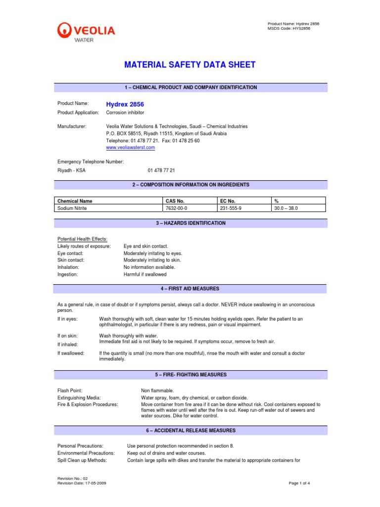 Material Safety Data Sheet: Hydrex 2856 | PDF | Dangerous Goods | Chemistry