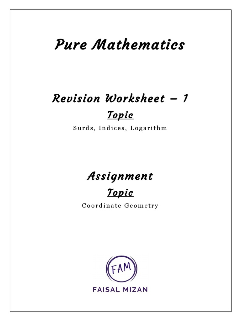 Pure Mathematics: Revision Worksheet - 1 | PDF | Area | Perpendicular