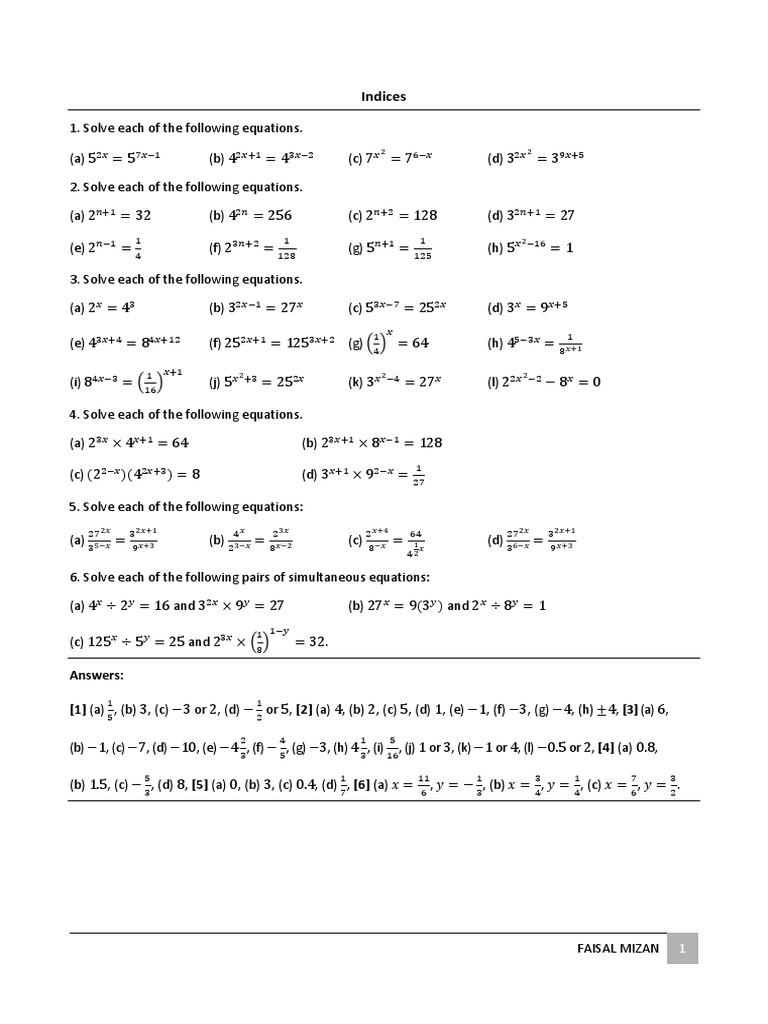 Indices: Answers: (1) (A) | PDF | Mathematics | Mathematical Objects