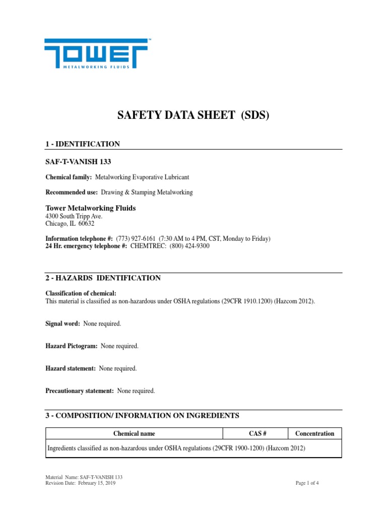 Safety Data Sheet (SDS) : 1 - Identification Saf-T-Vanish 133 | PDF ...