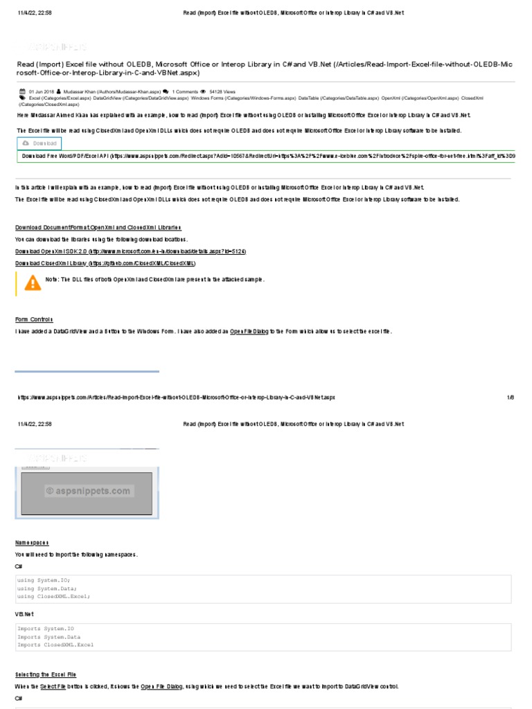 Read (Import) Excel File Without OLEDB, Microsoft Office or Interop Library in C# and | PDF ...